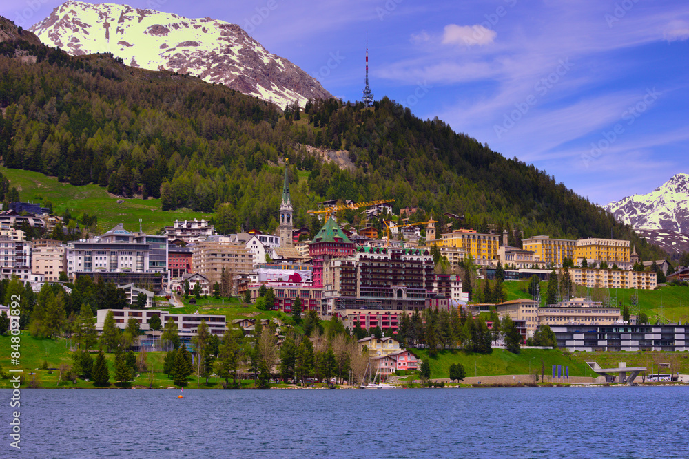 View of the Alpine resort town St. Moritz. It is Upper Engadine's major ...