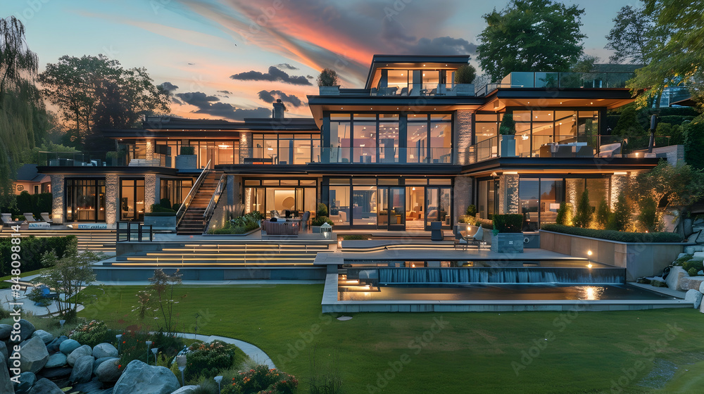 A luxury lakeside mansion with floor-to-ceiling windows, offering multi ...