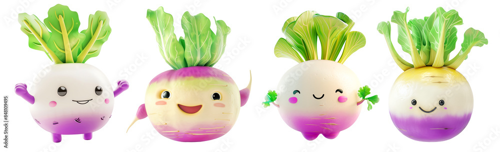Collection of cute cartoon turnip characters with a smiling face and ...