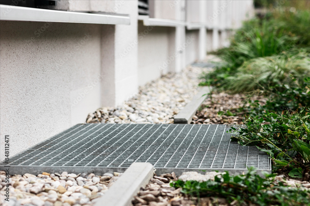 Drain Cover and French Drain along Facade Building Outside. Floor ...