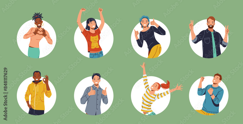 Collection of diverse cartoon avatars icons displaying various positive ...