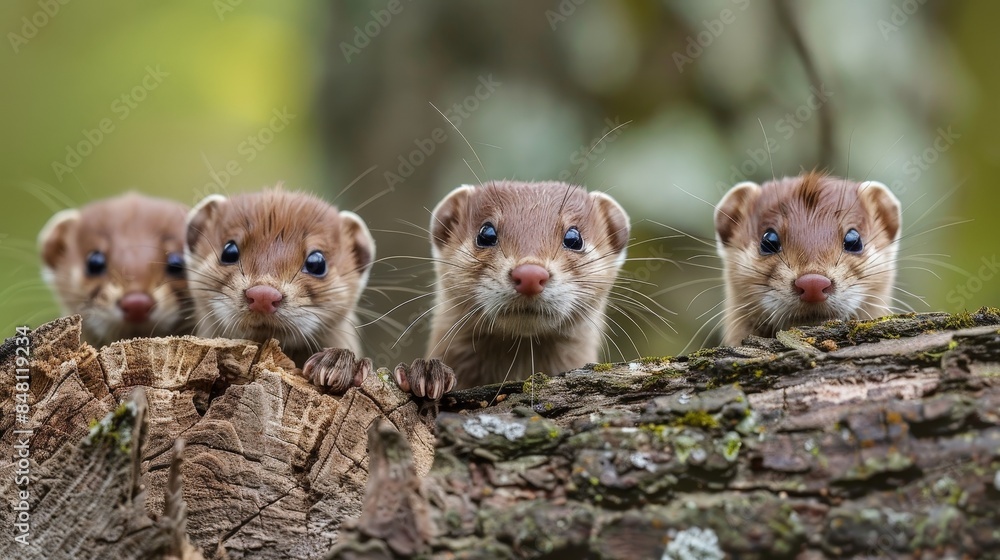 Four adorable weasels peek out from behind a log in a forest, their ...
