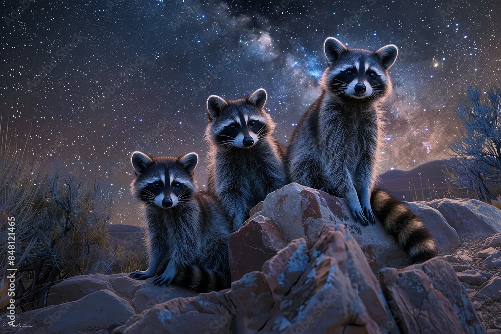 Three raccoons sitting on rocks under a starry night sky with the Milky ...