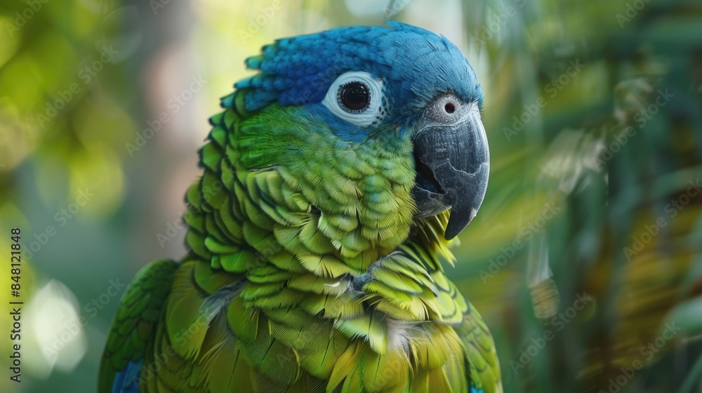 Colorful Ara parrot featuring a blue head and vibrant green plumage ...