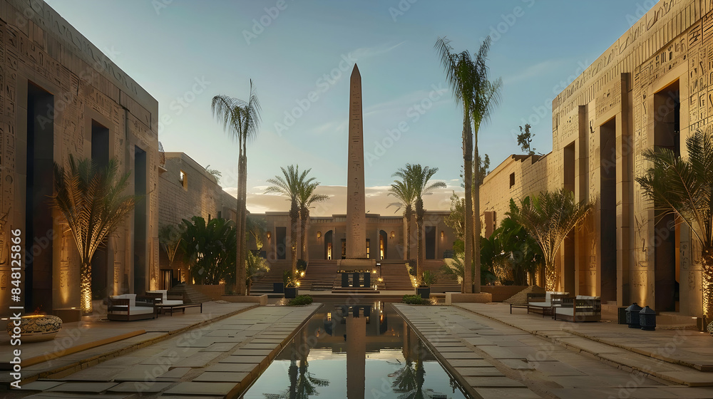 An ancient Egyptian palace with towering obelisks and hieroglyphic ...