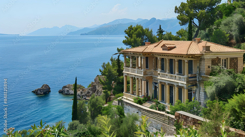 An ancient Greek villa with marble columns and terracotta roofs ...