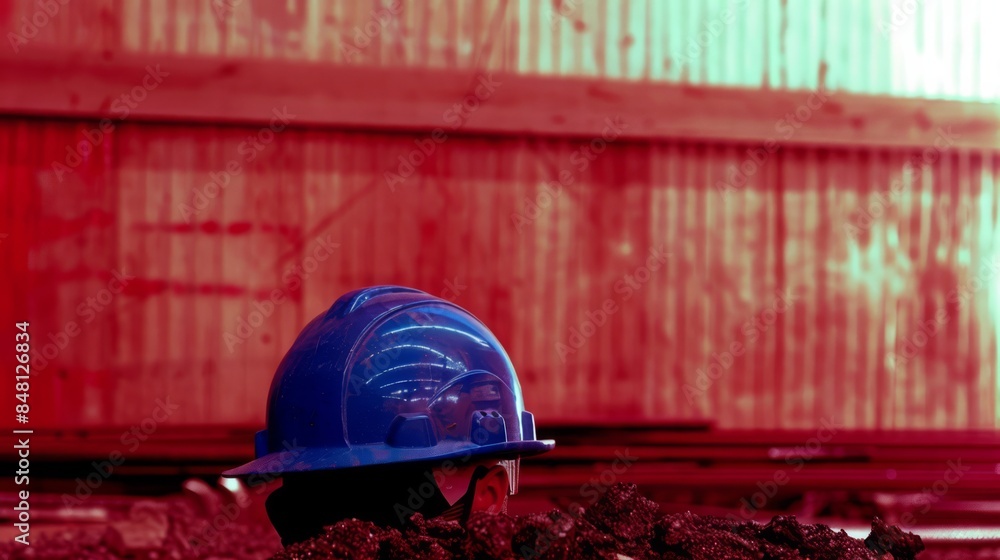 Security black blue helmet, dramatic background, production hall ...