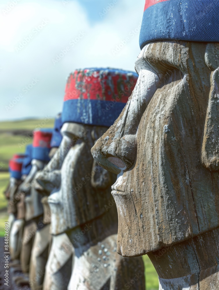 Several super giant moai sculptures on easter island wear blue newera ...