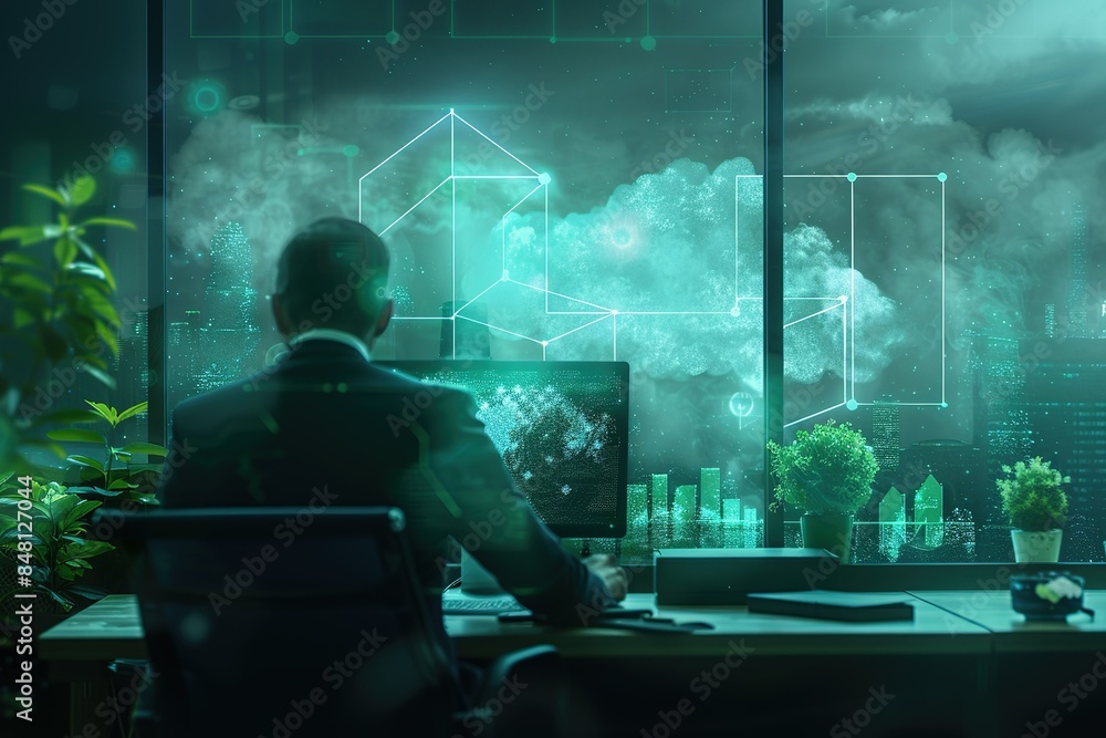 Businessman working virtual contemporary computer to turquoiseuce CO2 ...