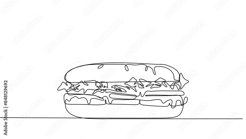 Continuous line art Long Burger with double beef and vegentable vector ...