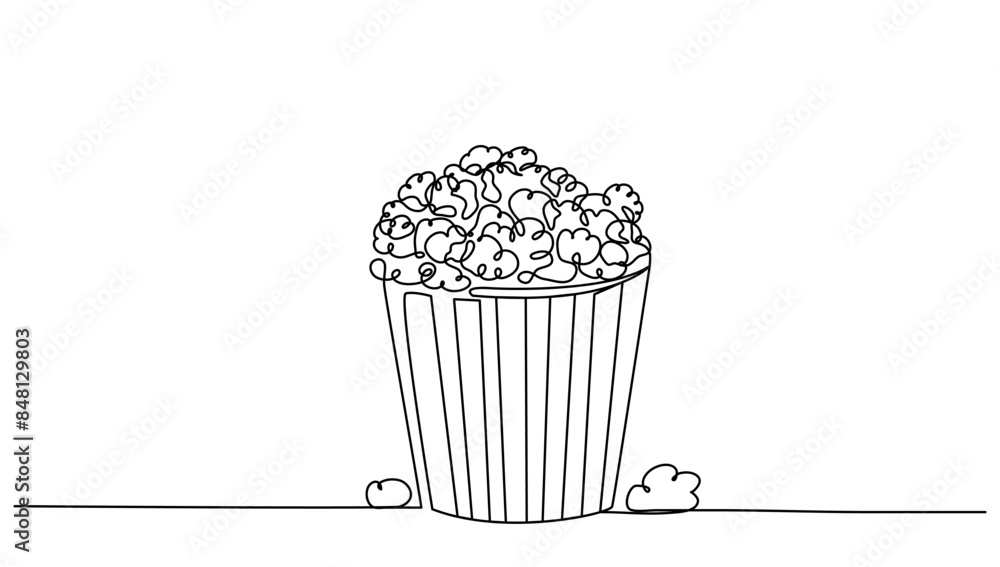 Continuous line pop corn with striped packaging. concept fast food ...