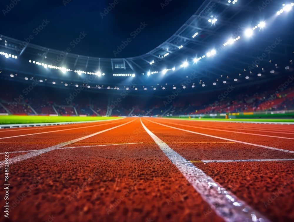 ภาพประกอบสต็อก Track and field track in a big arena at night side ...