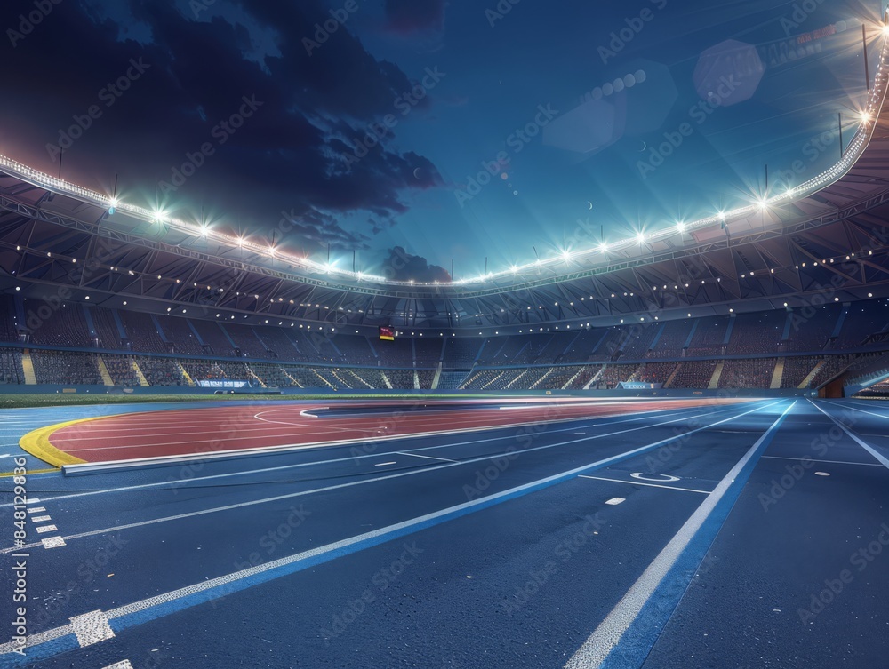 Track and field track in a big arena at night side profile wide angle ...