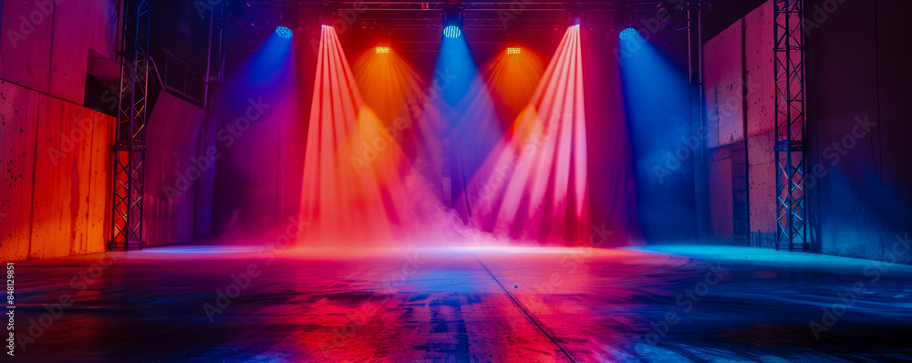 Empty stage show scene, neon glowing spotlights, illuminated blurred ...