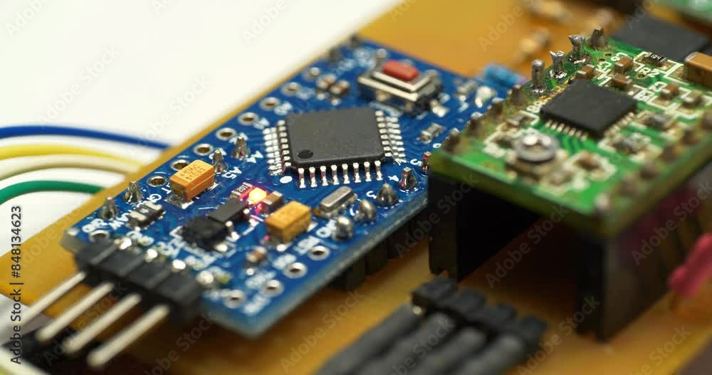Stepper Motor Driver. Small electronic circuit with burning red LED ...