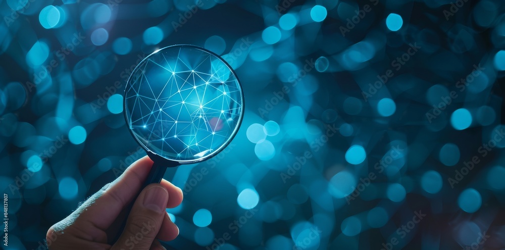 A businessman holding a magnifying glass with a database icon and a ...