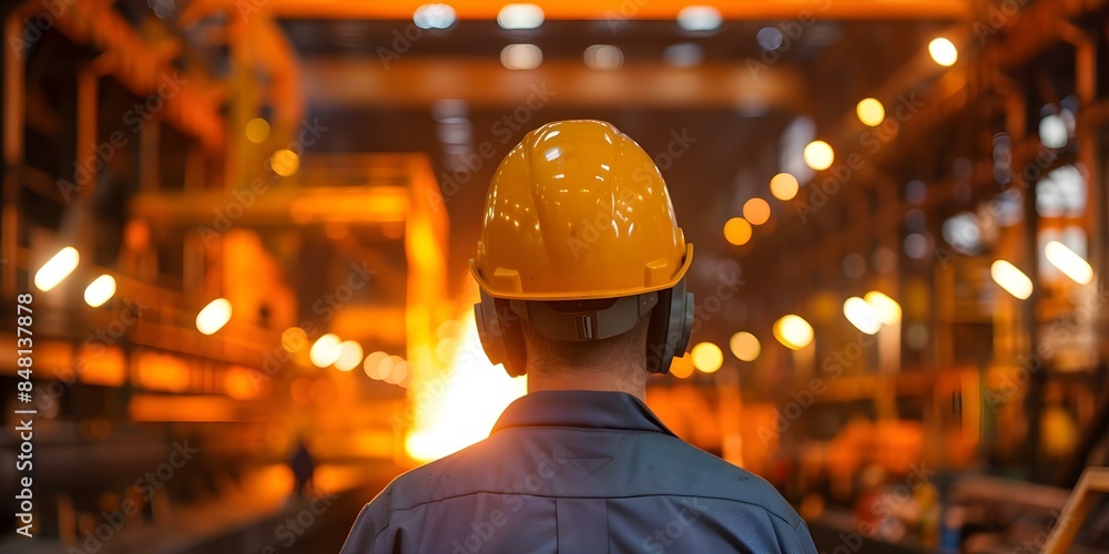 Rear view of steelmaker in protective gear at ingot casting in EAF shop ...