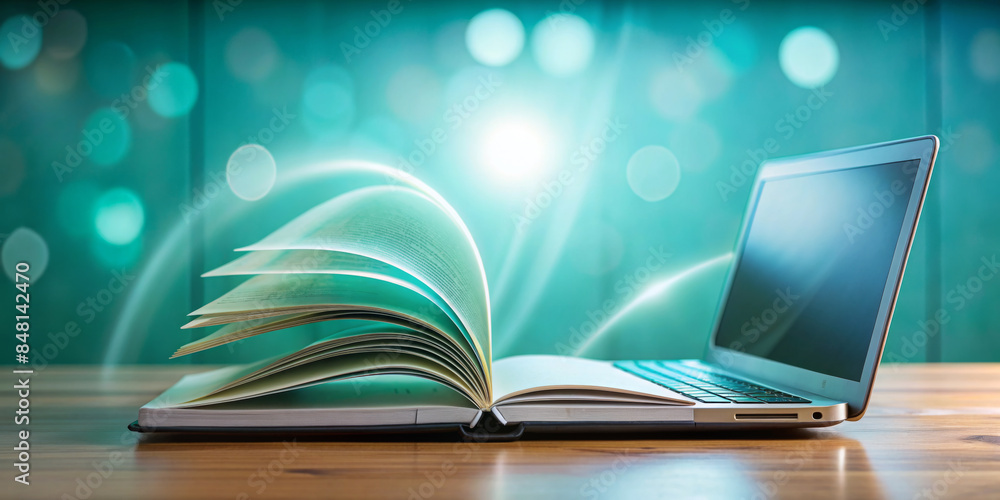 Next to the laptop is an open book with flapping pages, symbolizing the ...