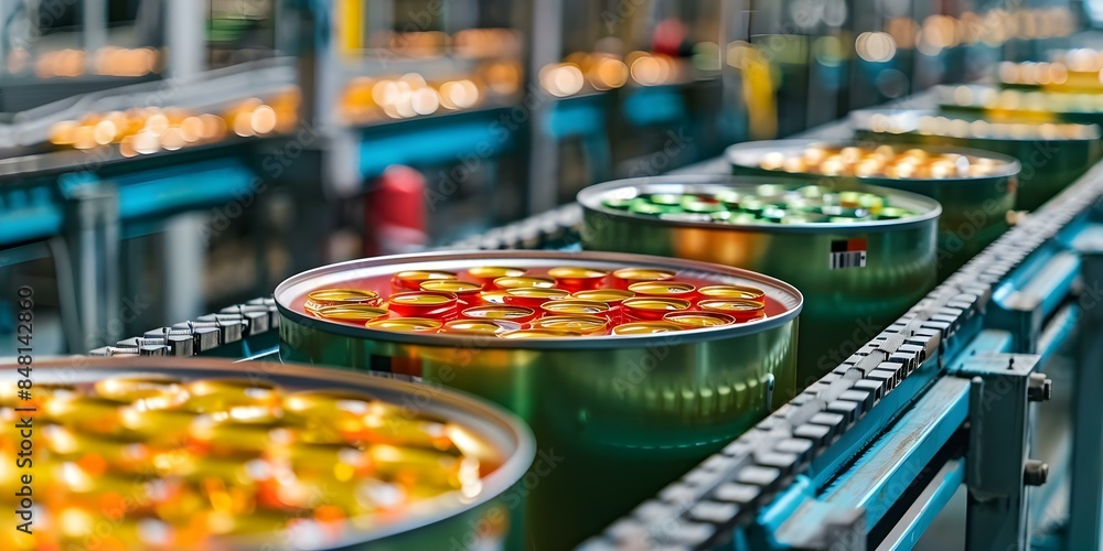 Canned food moves on conveyor belts in a distribution warehouse ...