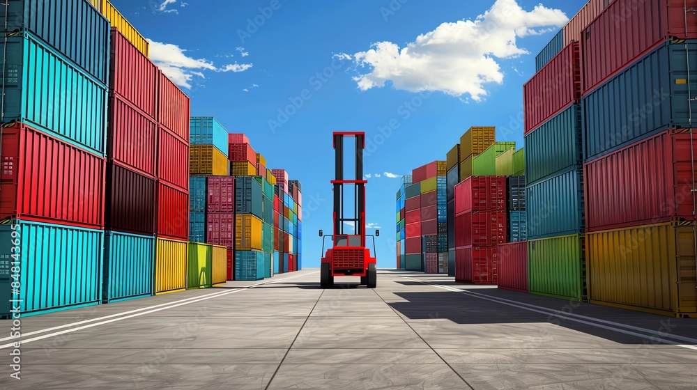 Foto de Colorful shipping containers stacked high in a large port area ...