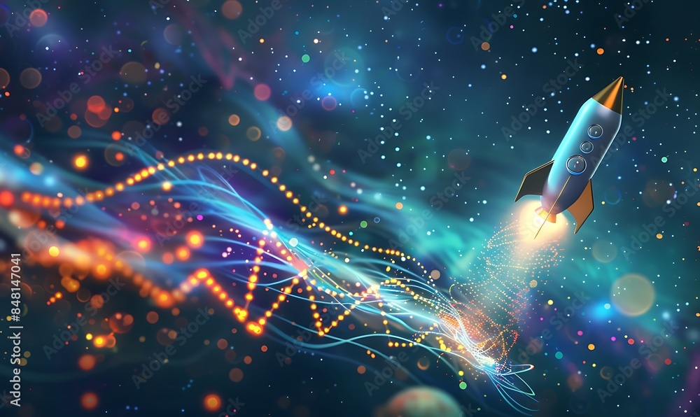 A sleek rocket soaring through a starry sky, trailing behind a vibrant ...