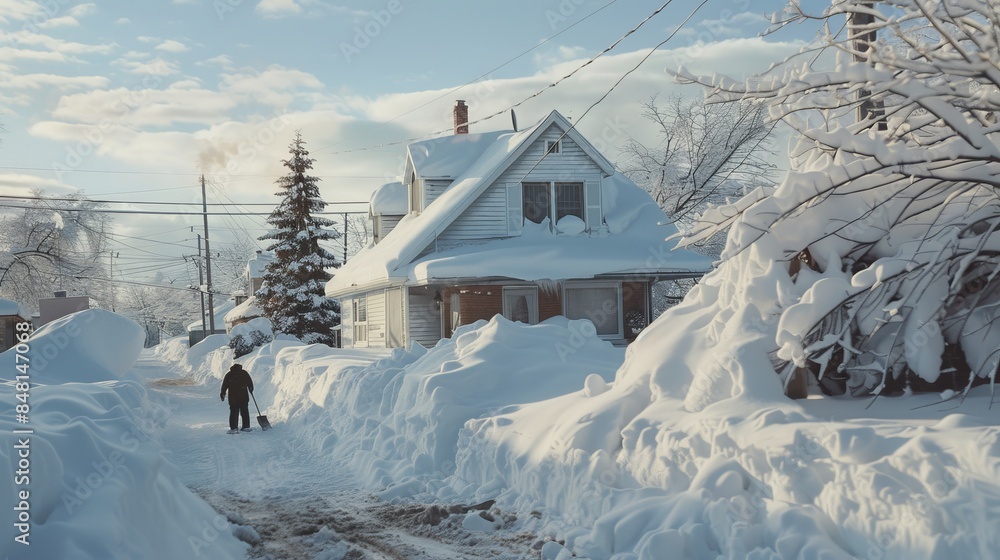 House Buried Under Heavy Snow with Person Shoveling for Winter Safety ...