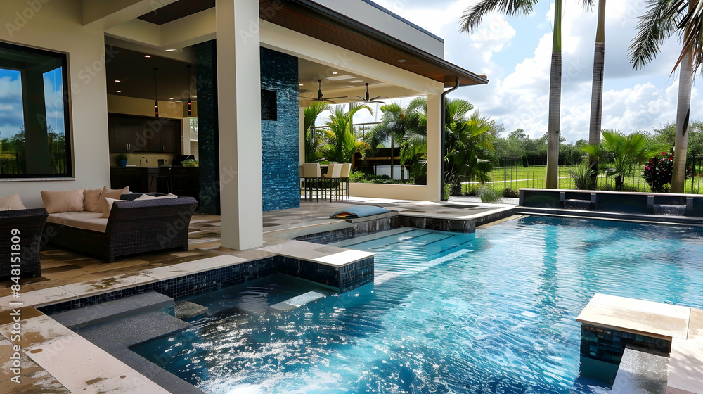 Stylish pool deck with a sunken lounge and water feature, enhancing a ...