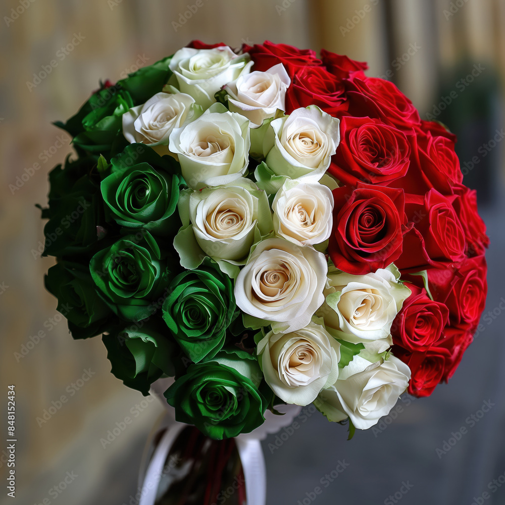 Bouquet of red, white and green roses arranged in the shape of the ...
