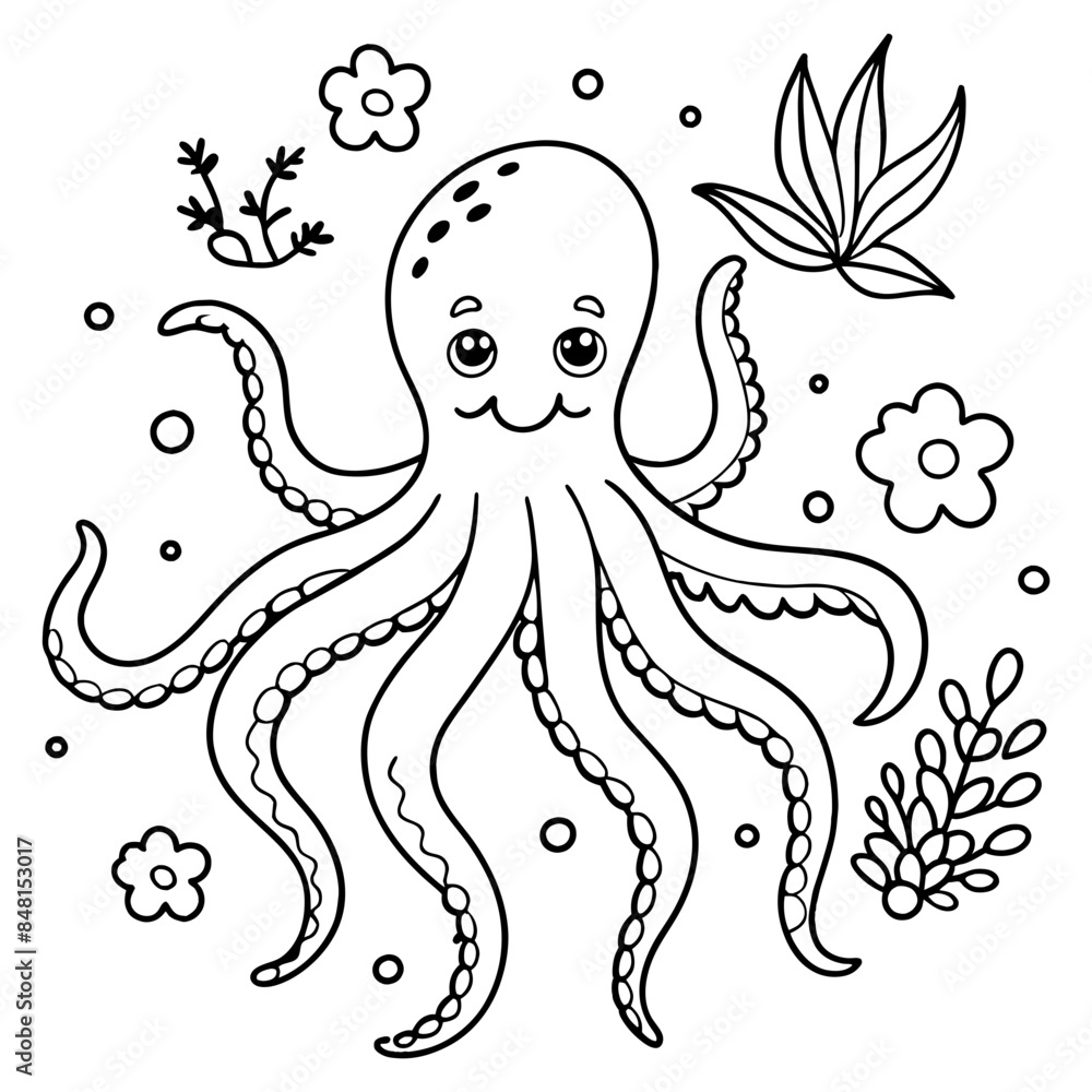 Octopus Underwater Fantasy coloring page vector Stock Vector | Adobe Stock