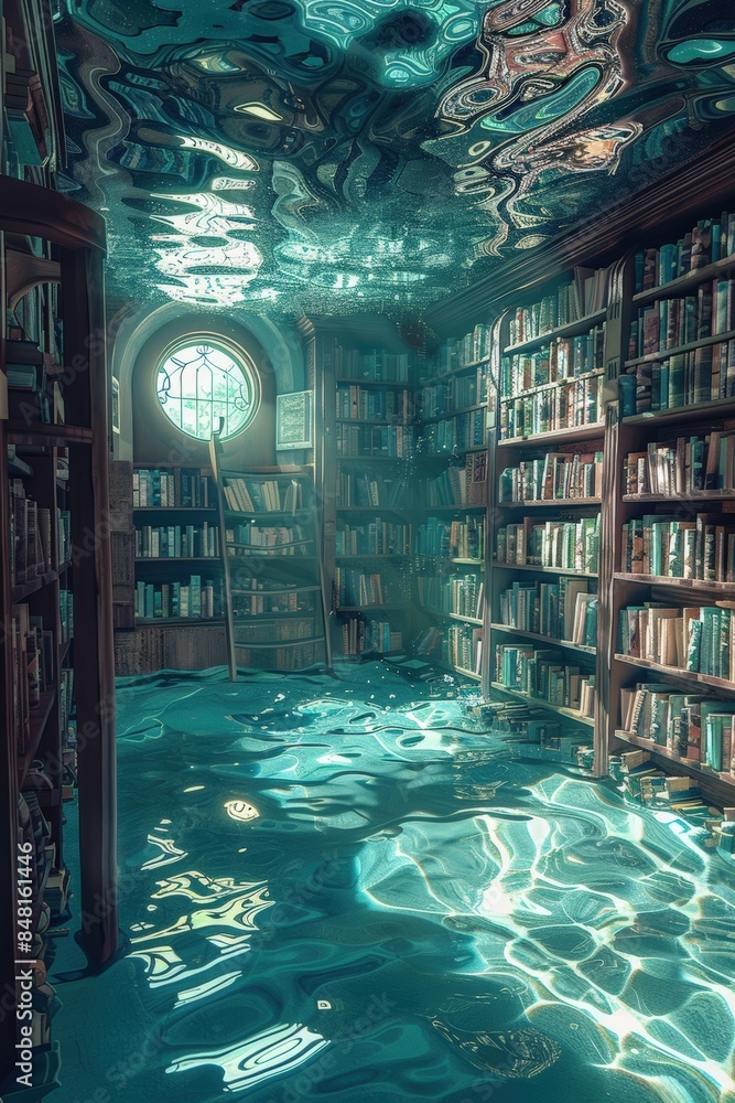 Surreal flooded library with bookshelves and natural light creating a ...