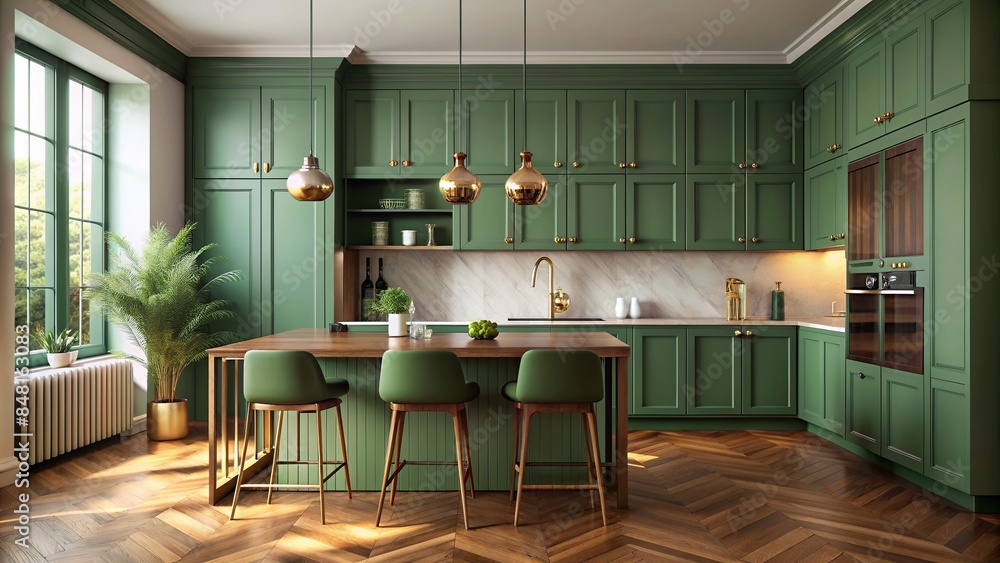 Green kitchen cabinet with wooden floor dining table and bar chair in ...