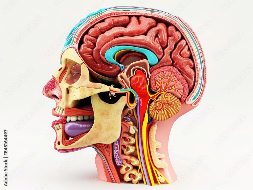 Detailed anatomical model of the human head showing internal structures ...