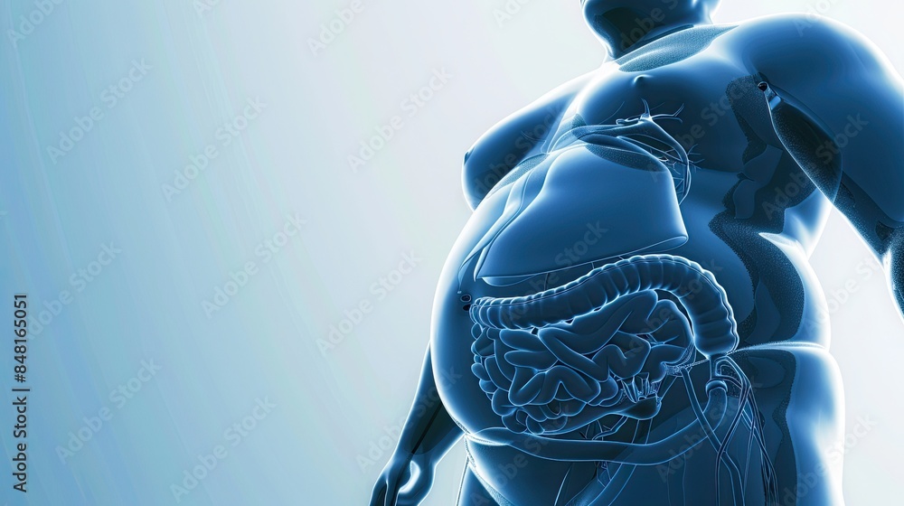 X-ray illustration of an overweight human body with internal organs ...