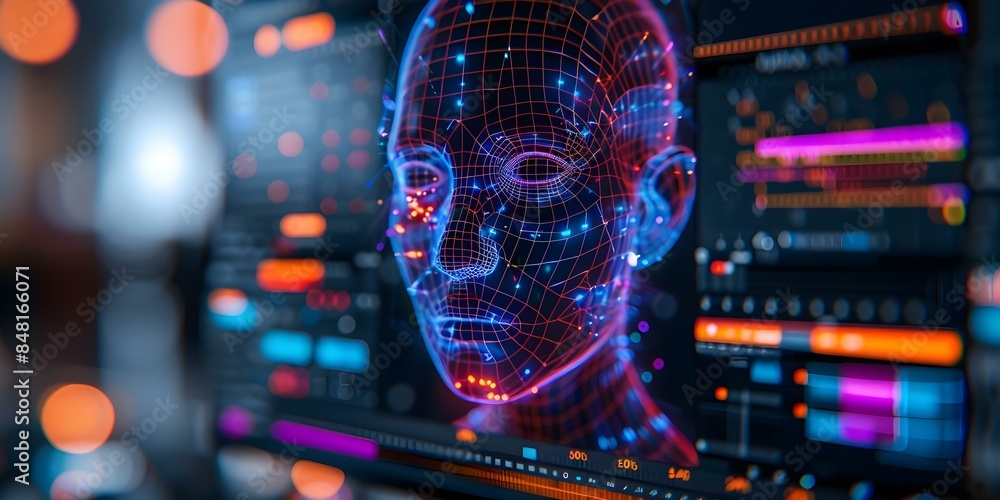 3D animation software with wireframe character model being animated on ... 3D animation software with wireframe character model being animated on ...