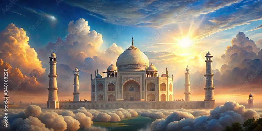 Beautiful oil painting of the Taj Mahal with clouds and sun, Taj Mahal ...