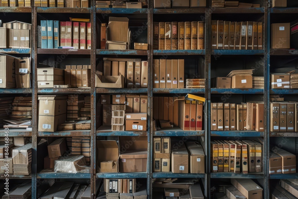 organized rows of cardboard boxes on warehouse shelves industrial ...