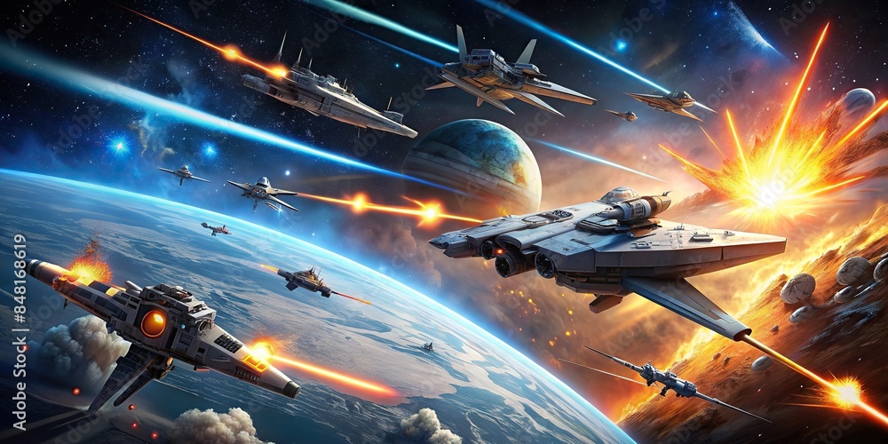 Futuristic space war background with spaceships, laser beams, and ...