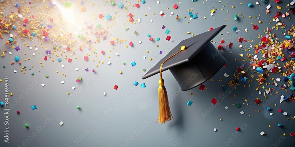 Graduation background with cap and confetti , celebration, party ...
