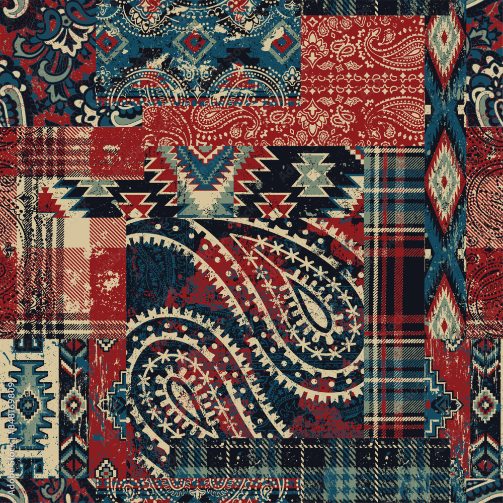 Bandana paisley native motifs and tartan plaid fabric patchwork ...