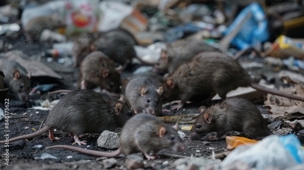 rats in a garbage dump in the city. infestation of parasites and rats ...