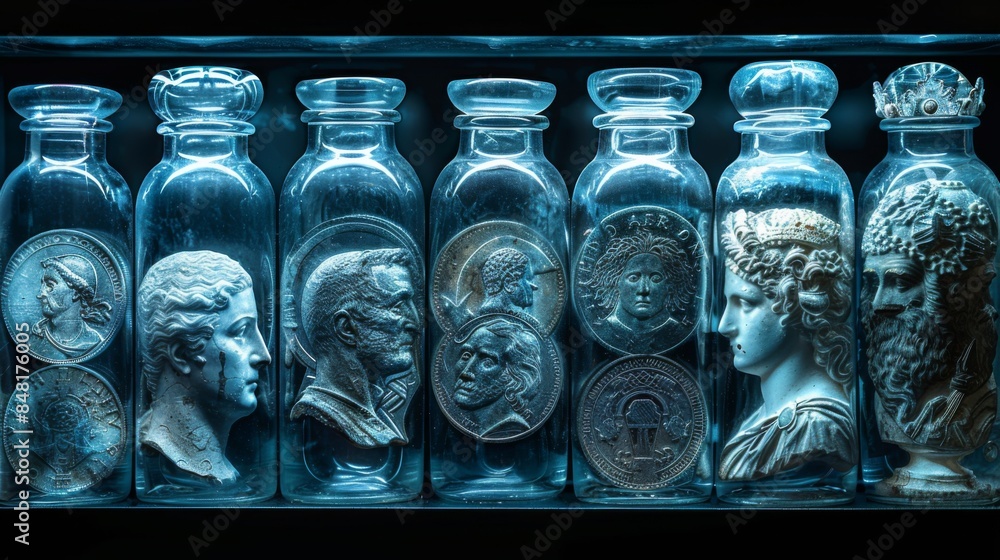 X-ray scan of a collection of antique coins, showcasing the designs and ...