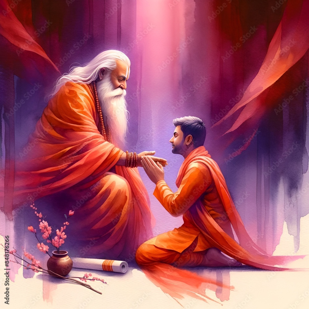 Watercolor illustration for guru purnima with a guru blessing a ...
