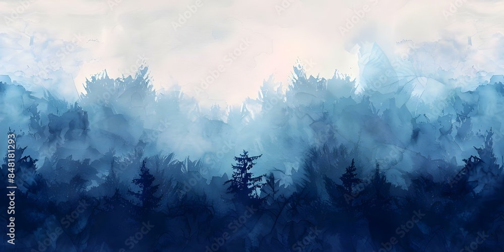 Moody abstract watercolor painting of twilight sky with silhouette of ...