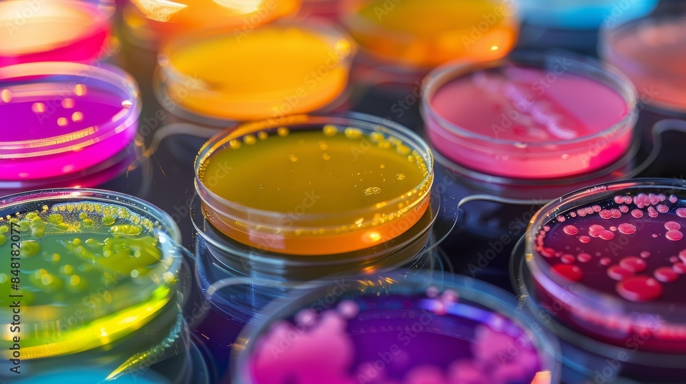 Vibrant petri dishes showcasing colorful bacterial colonies, creating a ...