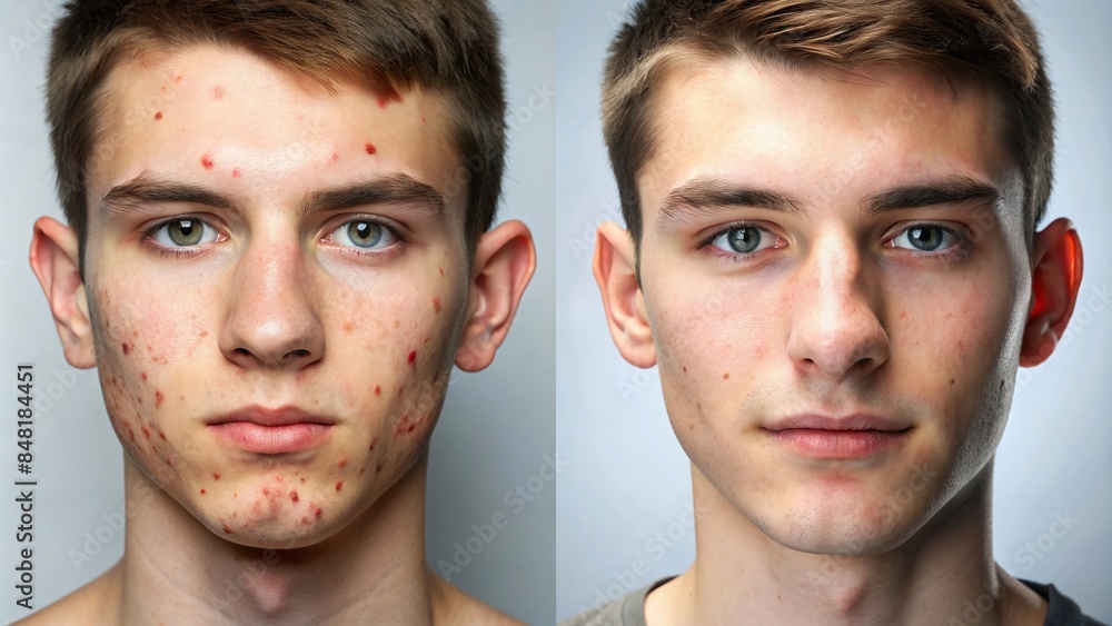 Acne transformation on a young man's face, before and after cosmetology ...