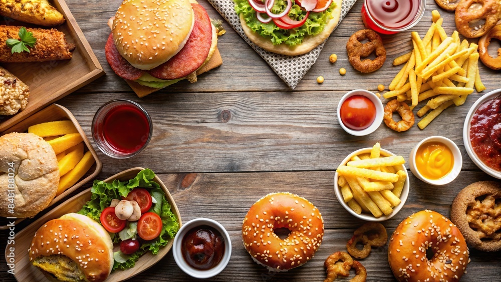 Top view of a variety of fast-food and junk food items on a table, fast ...