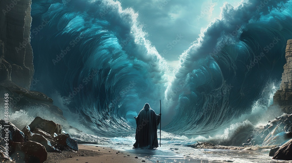 Portrait of the biblical back view of Moses dividing the sea with his ...
