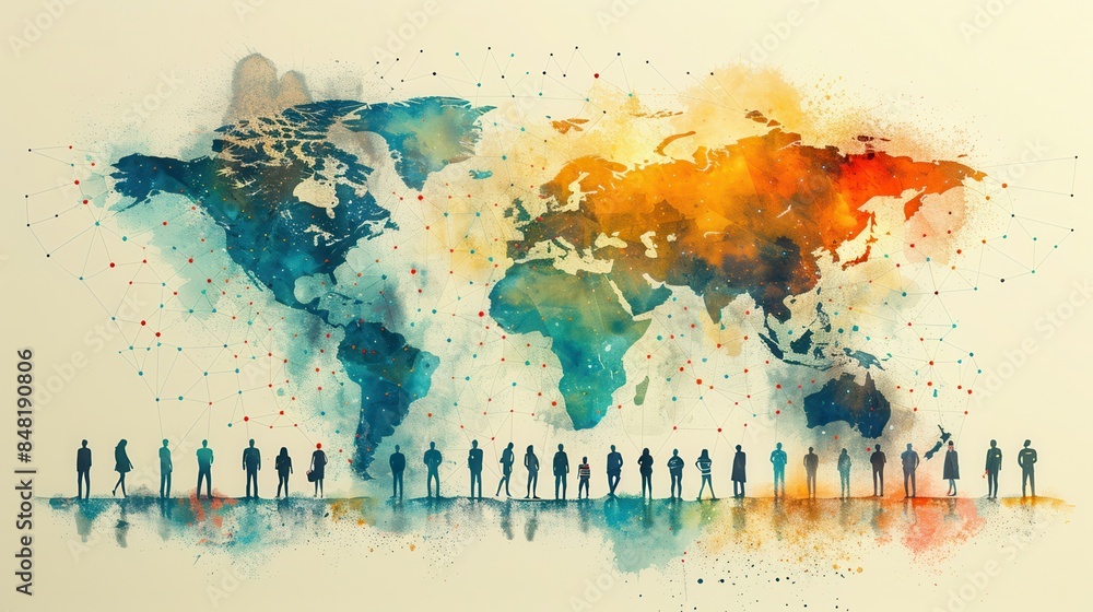 An illustrated map with friends standing in various countries ...