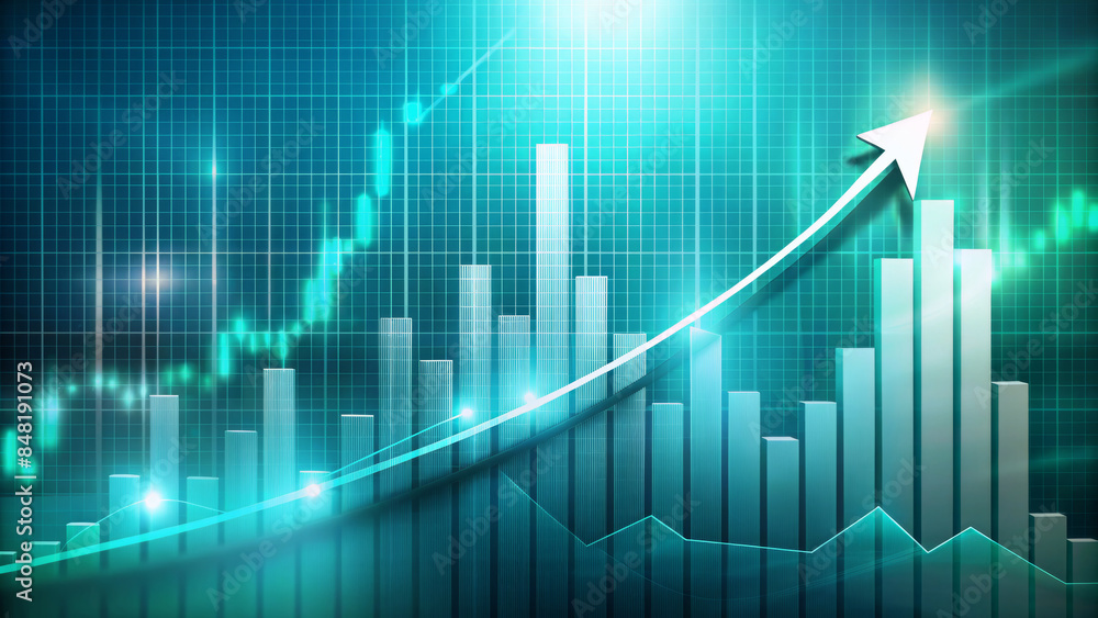 A glowing, upward trend line overlays a series of vertical bars that ...