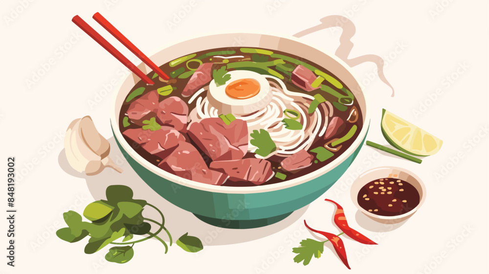 Vietnamese Pho Bo flat vector. Vietnamese beef nood Stock Vector ...